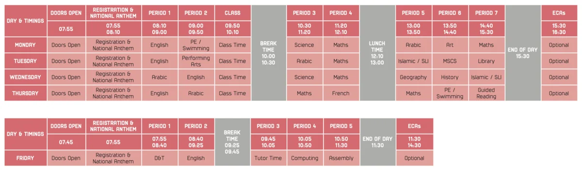 School Timetable - Dubai Heights Academy